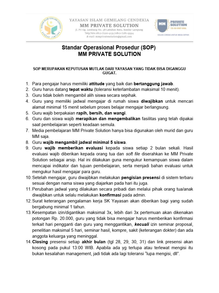 SOP MM Private Solution 2024-2025 | PDF