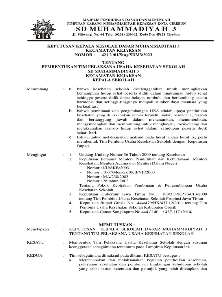SK Tim Pembina Uks Lembaga 2023 | PDF