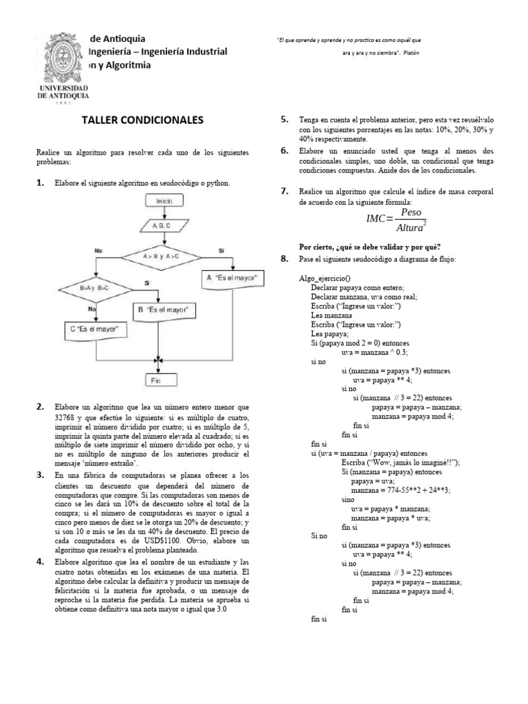 Taller Condicionales | PDF | Algoritmos | Matemáticas Aplicadas