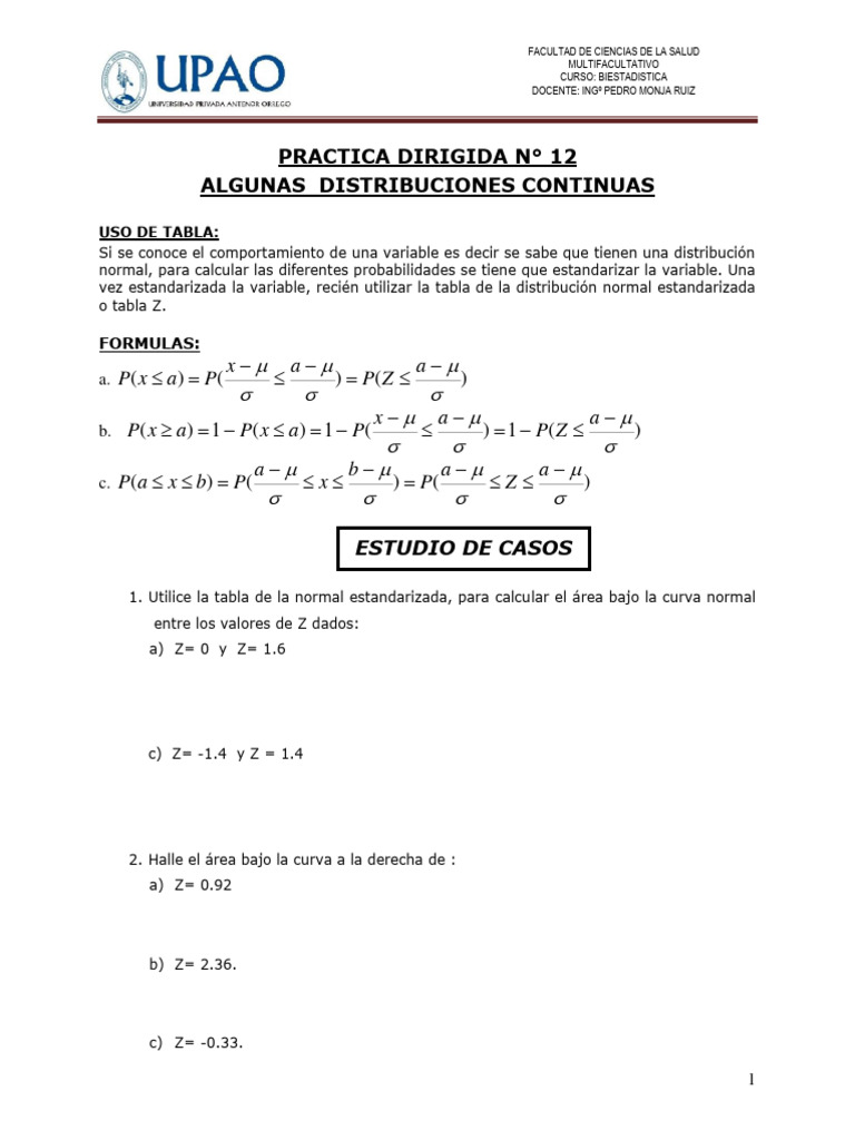 Practica Dirigida 12. Algunas Distribuciones de Probabilidades Continuas | PDF | Desviación Estándar