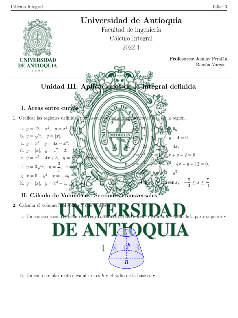 Taller 3. CÃ¡lculo Integral. Aplicaciones de La Integral Definida. | PDF | Triángulo | Perpendicular
