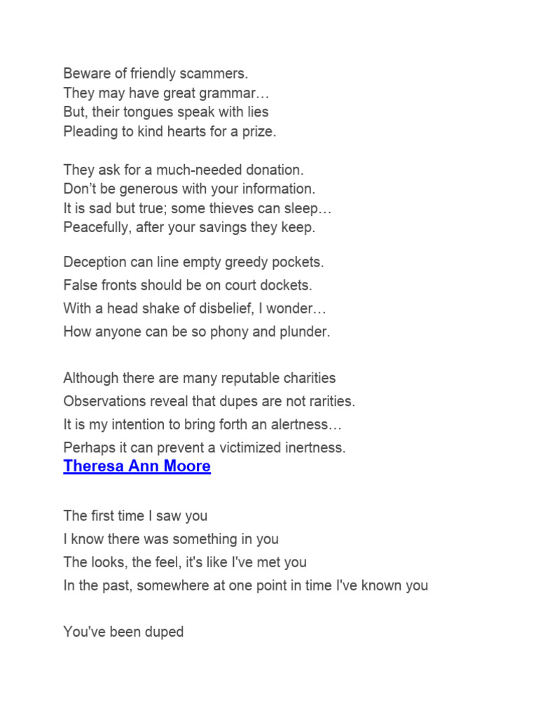 Beware of Friendly Scammers Poem | PDF