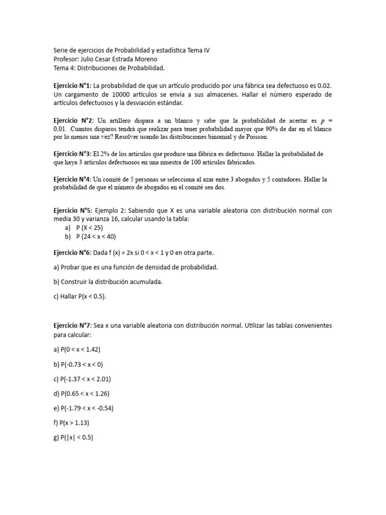 Serie de ejercicios de Probabilidad y estadística Tema 4 TICs | PDF
