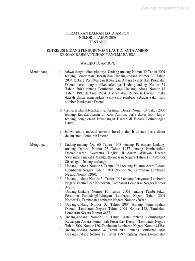 PERDA Ambon Nomor 1 Tahun 2008 | PDF