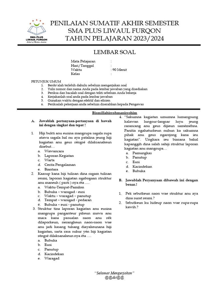 Format Soal PSAS 2023-2024 | PDF