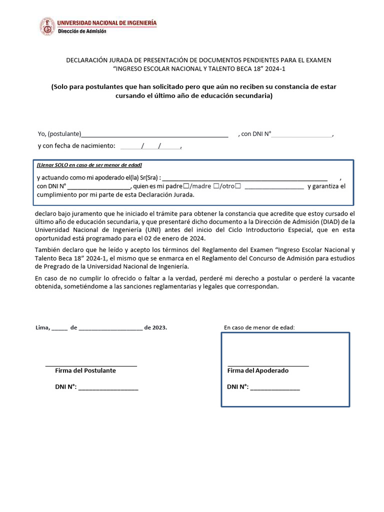 Declaracion Jurada Documentos Pendientes 2024-1 v3 | PDF