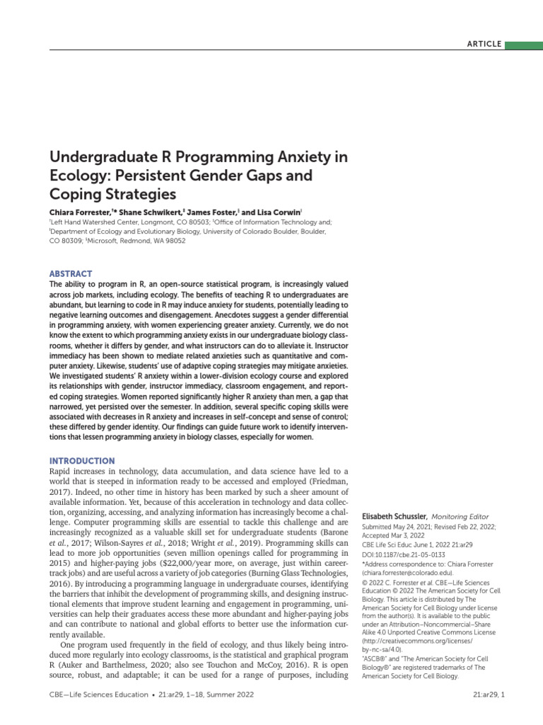 Forrester Et Al 2022 Undergraduate R Programming Anxiety in Ecology Persistent Gender Gaps and ...