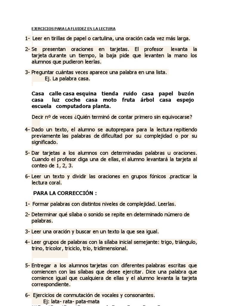 Ejercicios para Mejorar la Fluidez Lectora | PDF | Lectura (proceso ...