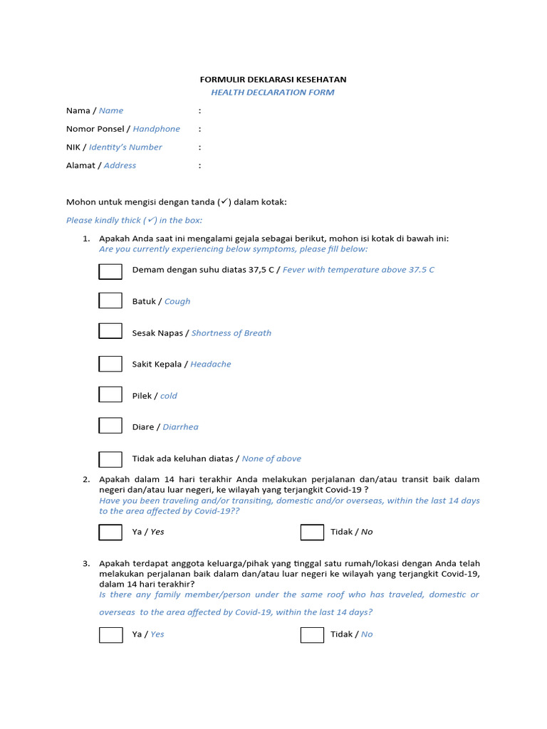 Formulir Deklarasi Kesehatan COVID-19 | PDF