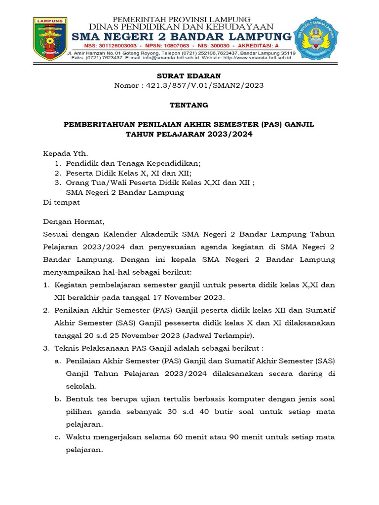 Surat Edaran PAS Ganjil TP. 2023-2024 | PDF Surat Edaran PAS Ganjil TP. 2023-2024 | PDF