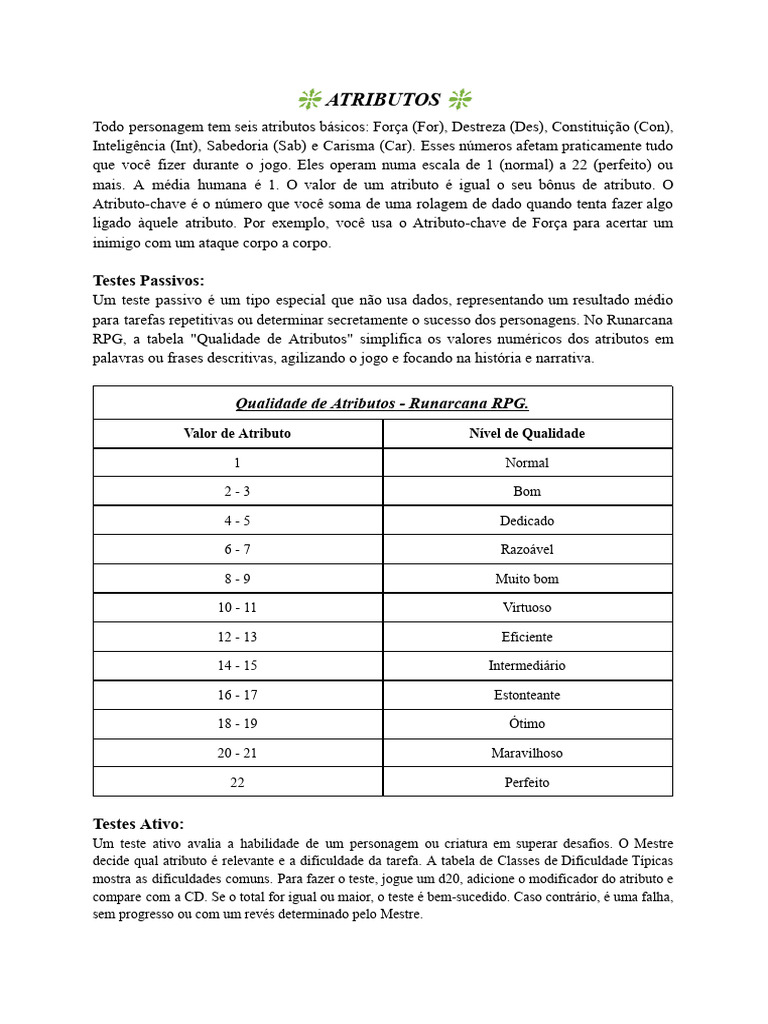 Atributos - Runarcana RPG | PDF | Jogos de RPG | Inteligência