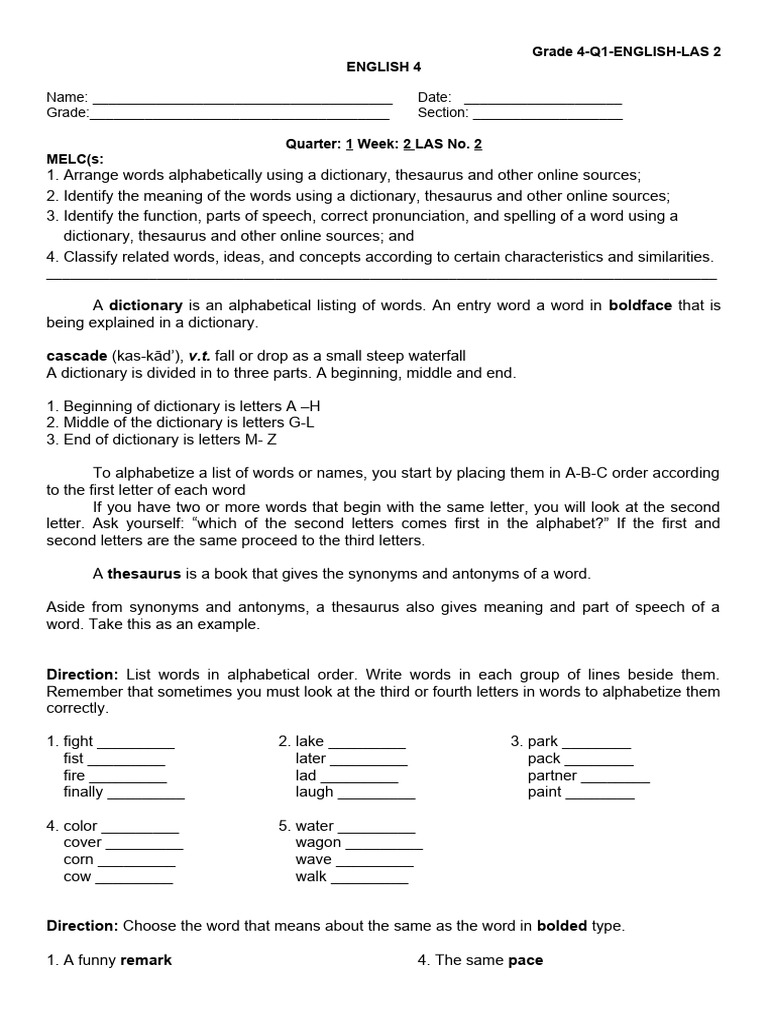 Grade 4 q1 English Las Week 2 | PDF | Dictionary | Written Communication