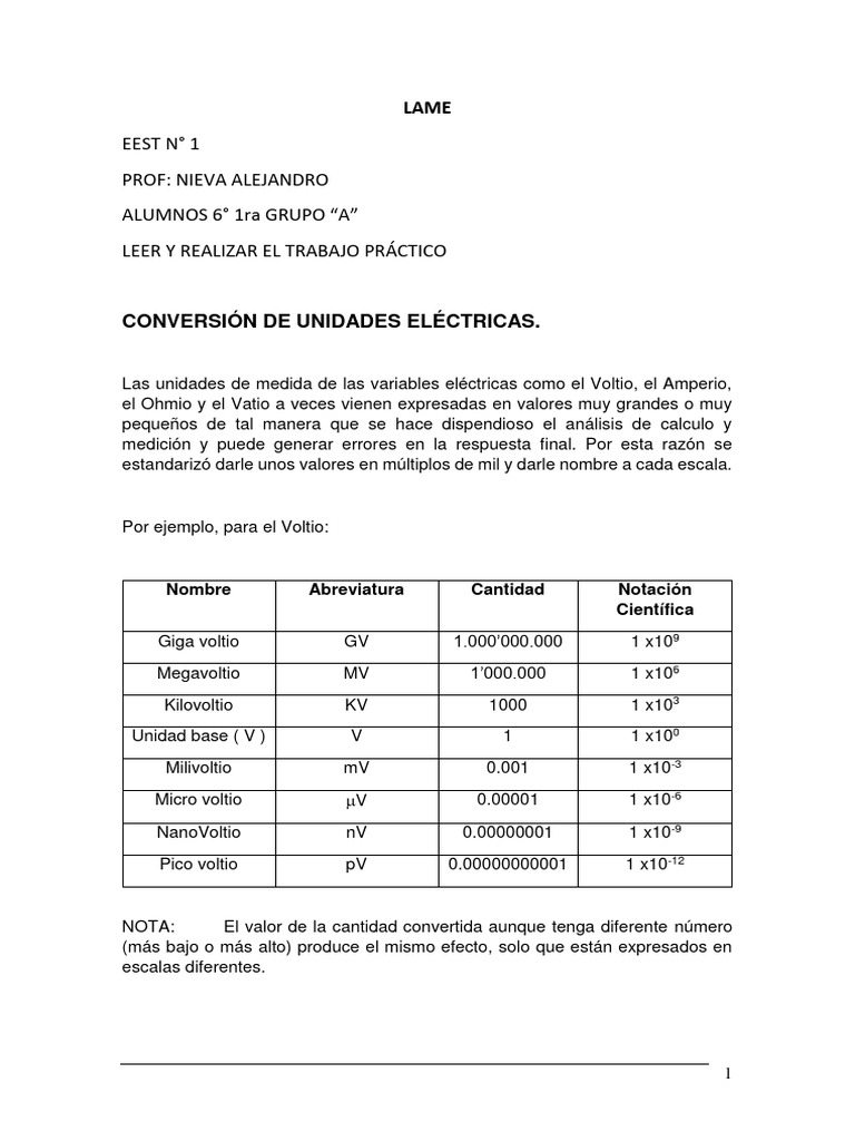 Pasaje de Unidades | PDF | Voltio | Cantidad