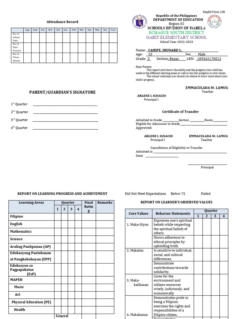 Form 138 Report Card | PDF | Learning | Teachers