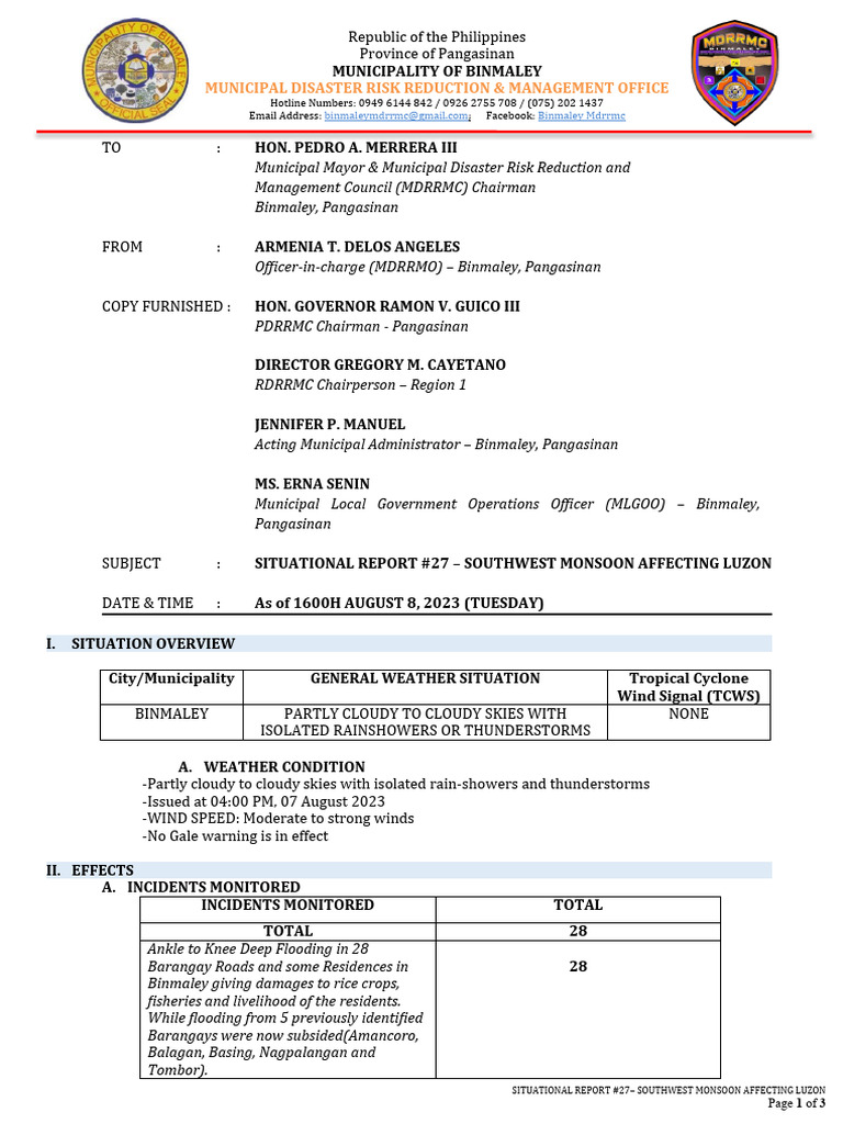 SITUATIONAL REPORT #27 - Southwest Monsoon | PDF | Emergency Evacuation ...
