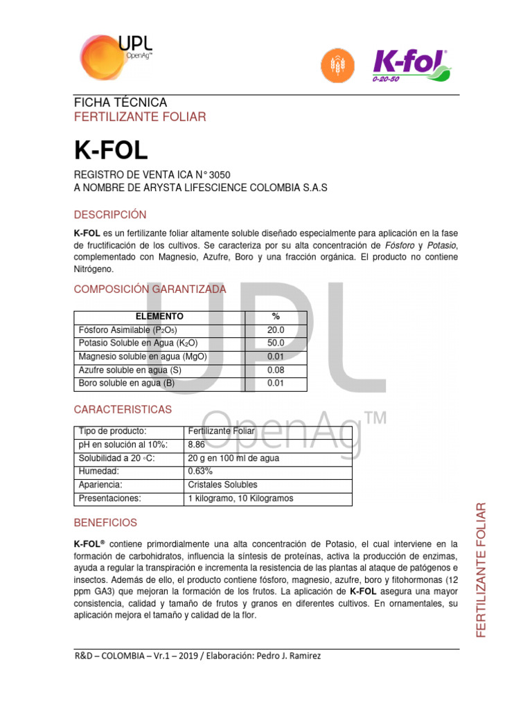 Ficha Técnica de K-FOL Fertilizante Foliar | PDF | Fertilizante | Agua