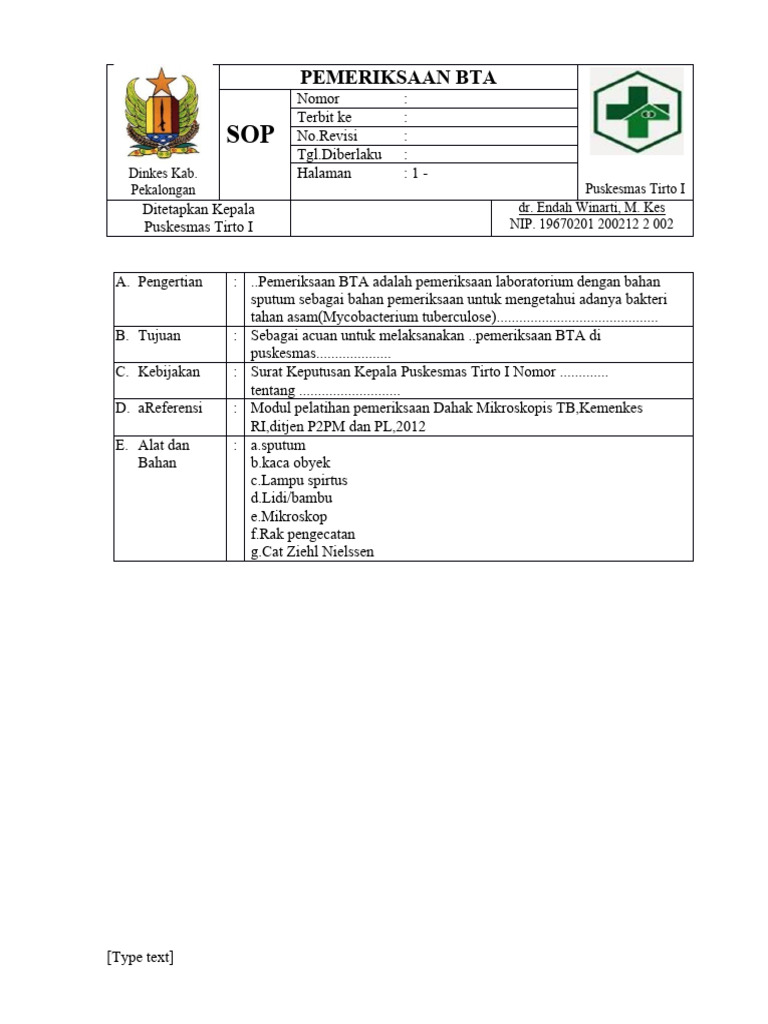 SOP Pemeriksaan BTA Puskesmas Tirto I | PDF