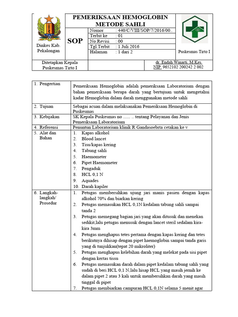 SOP Pemeriksaan Hemoglobin Metode Sahli | PDF