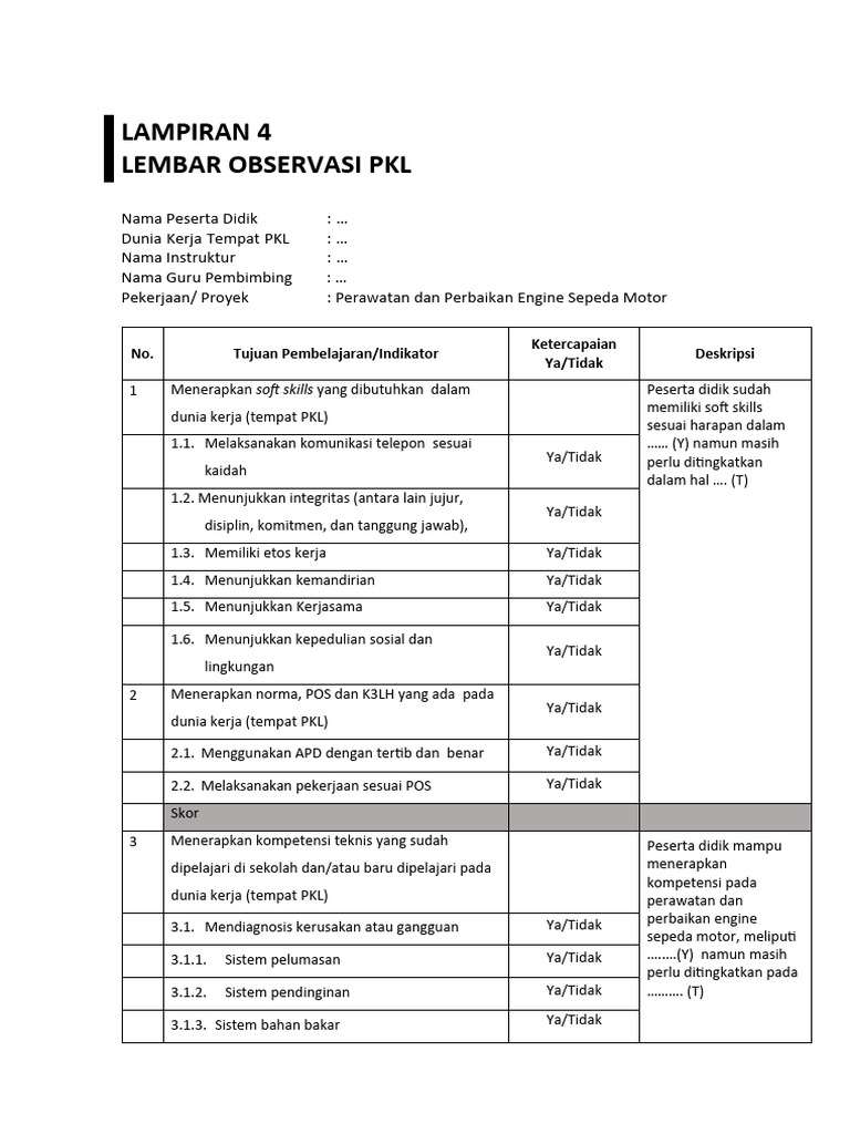 Lembar Observasi PKL 2023 TSM | PDF