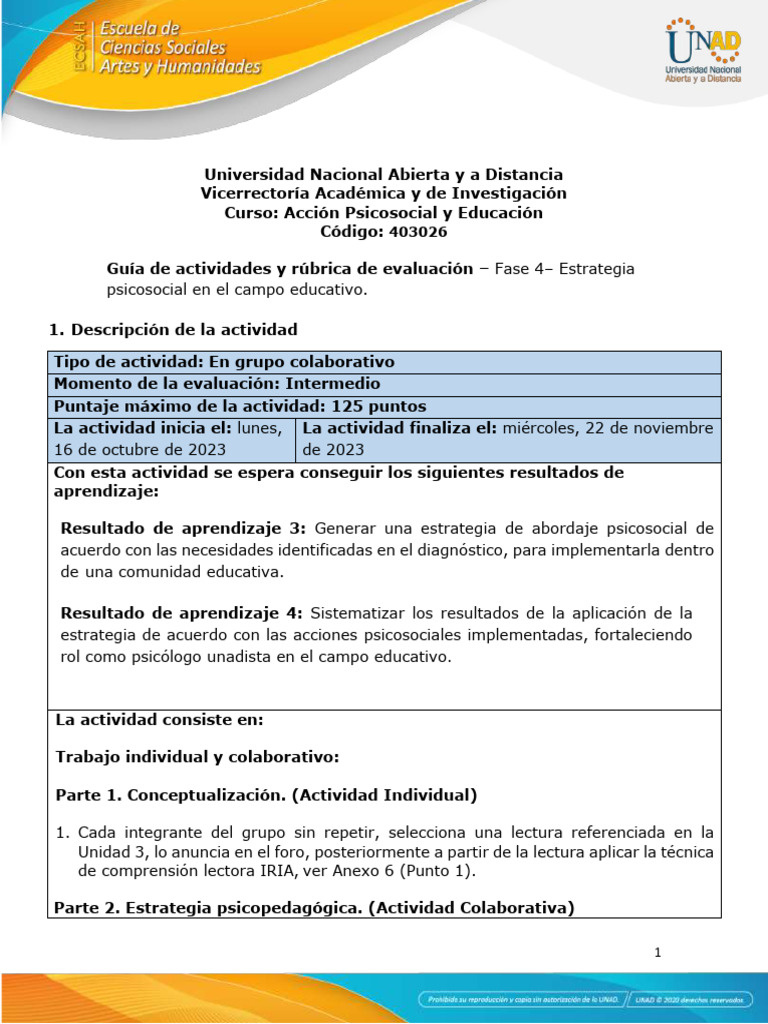 Guía de Actividades y Rúbrica de Evaluación - Unidad 3 - Fase 4 - Estrategia Psicosocial en El ...