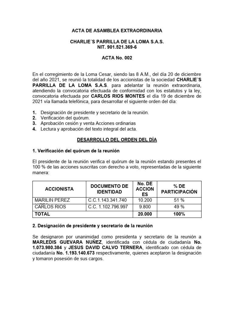 Acta de Asamblea Extraordinaria | PDF | Compartir (Finanzas) | Gobierno