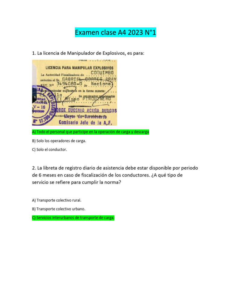 Examen Clase A4 2023 N° 1 | PDF | Intersección (carretera) | Transporte Examen Clase A4 2023 N° 1 | PDF | Intersección (carretera) | Transporte