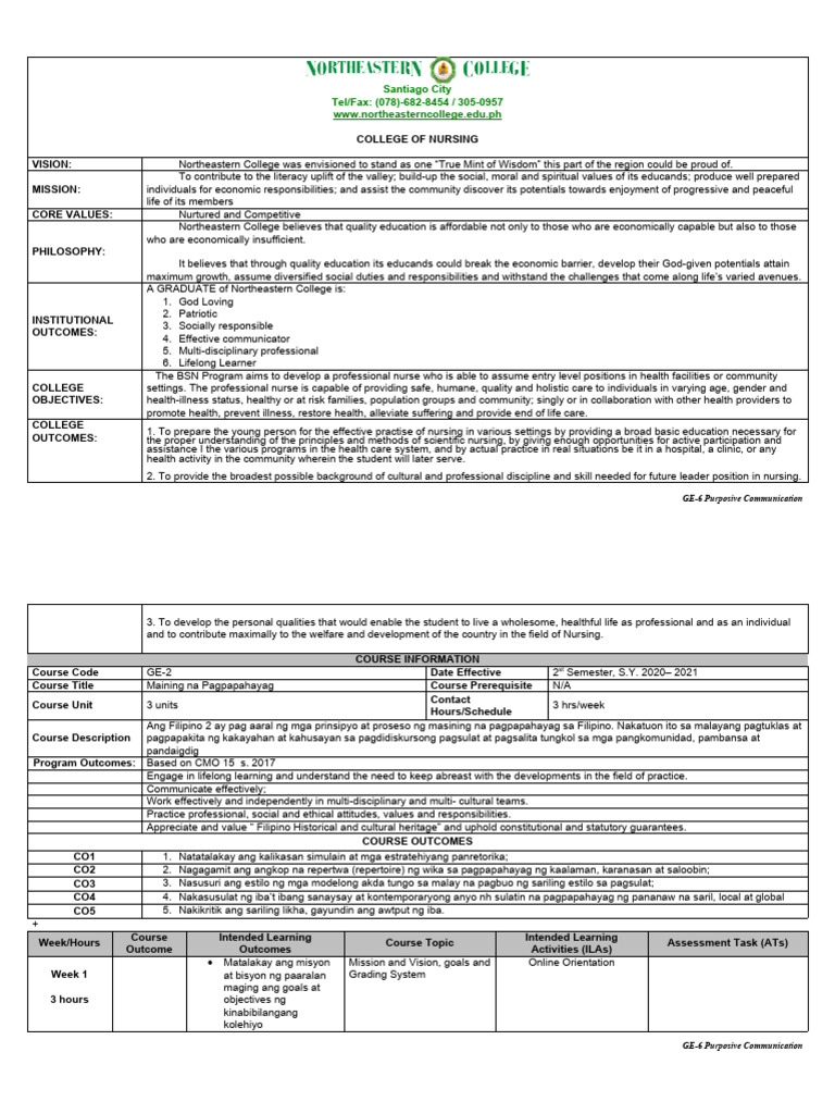 Fil 2 Sylabus | PDF | Nursing