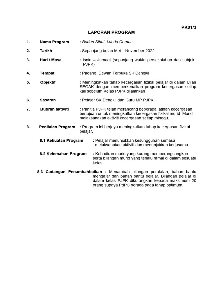 Laporan Program Badan Sihat Minda Cerdas | PDF