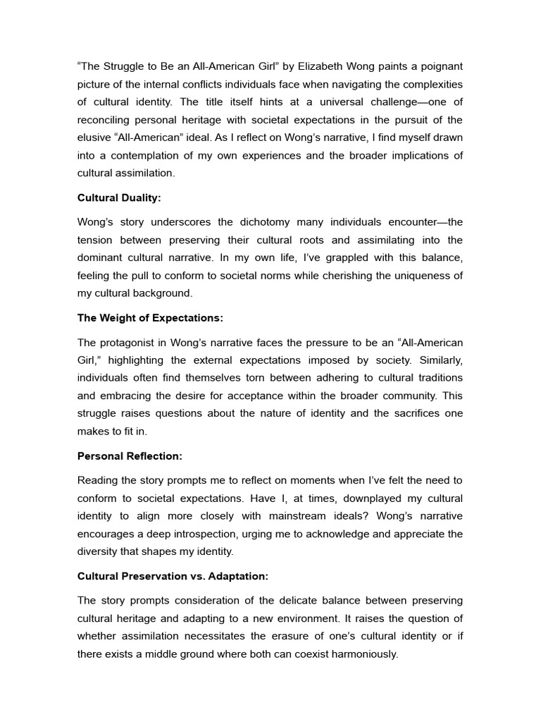 The Struggle To Be An All American Girl Reflection | PDF