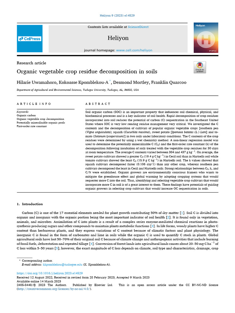 Organic Vegetable Crop Residue Decomposition In Soils Pdf Soil