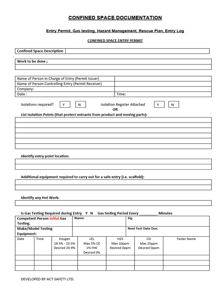 Confined Space Entry Permit | PDF | Hazards | Emergency Management