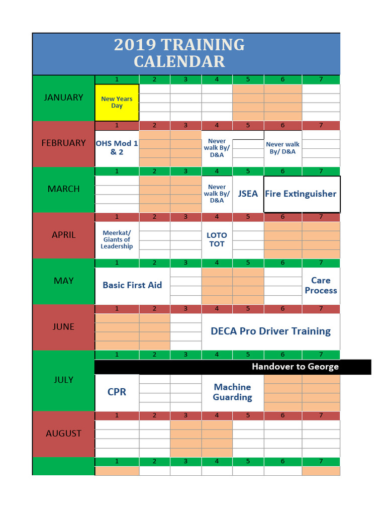 2019 Training Calendar Overview | PDF | Safety