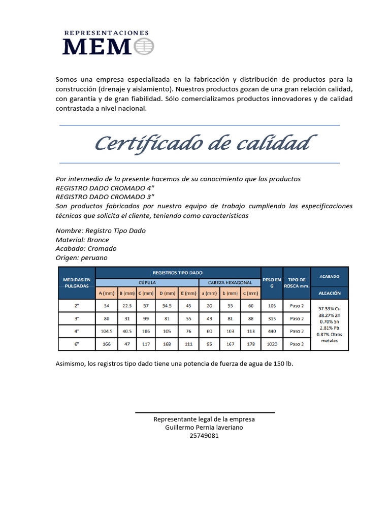 Certificado de Calidad Registros | PDF