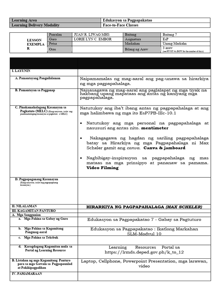 Lesson Exemplar Grade 7 Esp2 | PDF