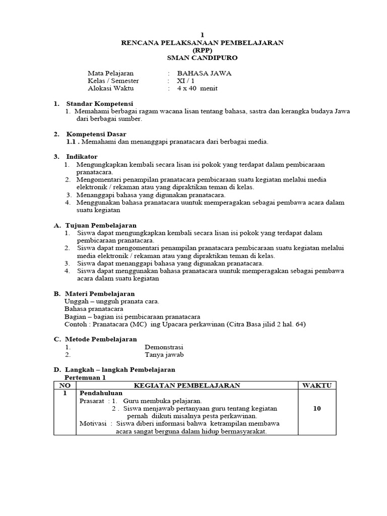 RPP Pembelajaran Bahasa Jawa Kelas XI | PDF