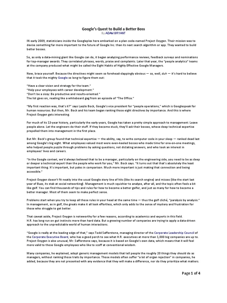 Google Project Oxygen NY Times Article | PDF | Google | Leadership
