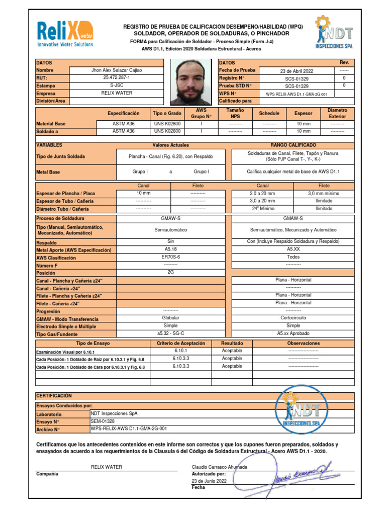 Aws d1.1 - Wpq-01329-Jhon Salazar 2g Gmaw | PDF | Construcción | Soldadura