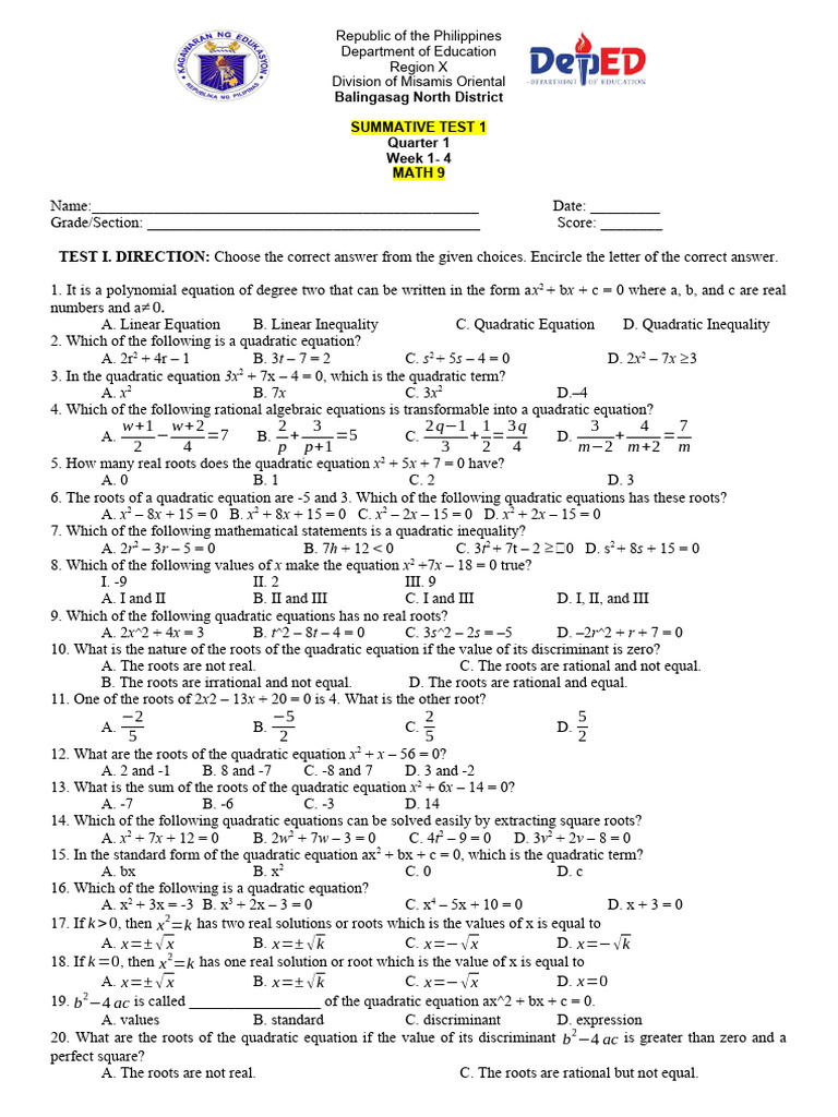 Summative Math9-2 | PDF | Equations | Quadratic Equation