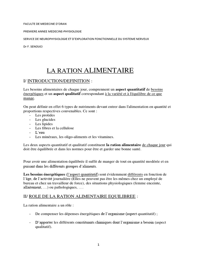 Ration Alimentaire Équilibrée et Santé | PDF | Manger | Protéines