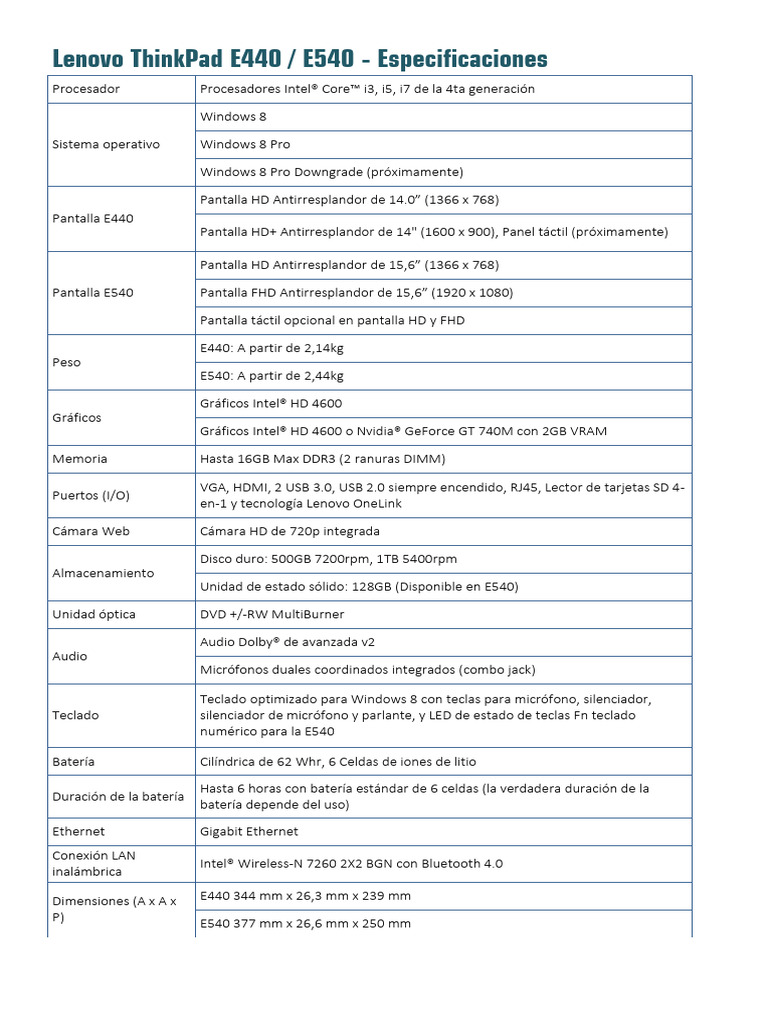 Lenovo ThinkPad E440 - E540 - Especificaciones | PDF