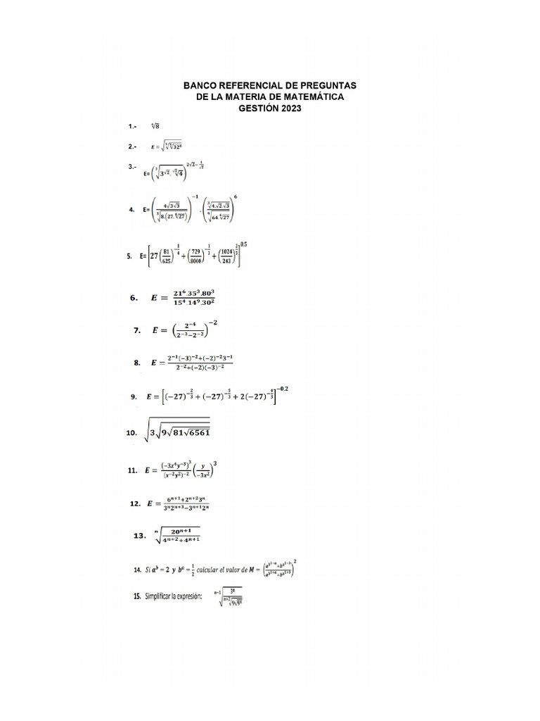 Banco de Preguntas Matemáticas | PDF