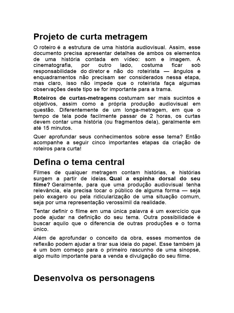 Projeto de Curta Metragem | PDF | Roteiro | Abstract (resumo)
