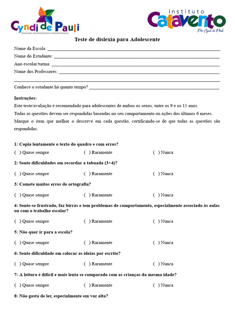 Teste de Dislexia para Adolescentes | PDF | Aprendizado | Adolescência