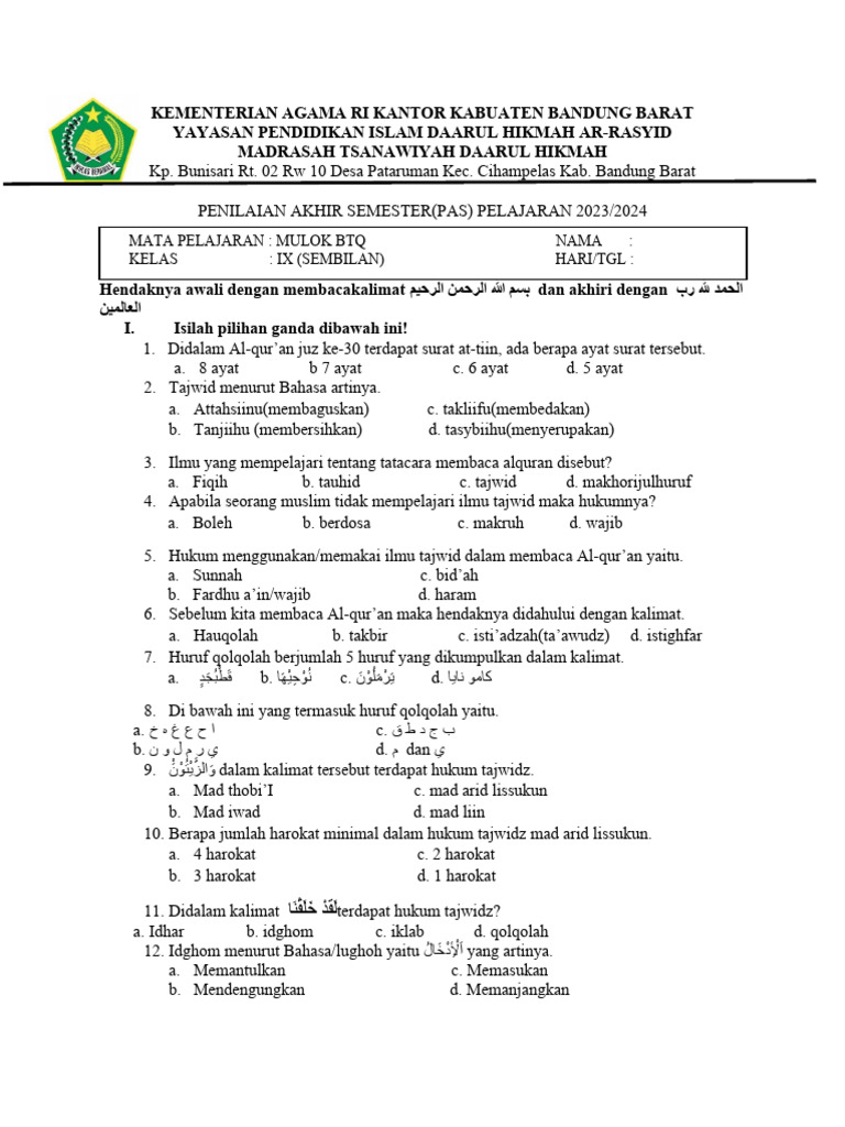 Soal PAT BTQ Kelas IX | PDF | Agama & Spiritualitas