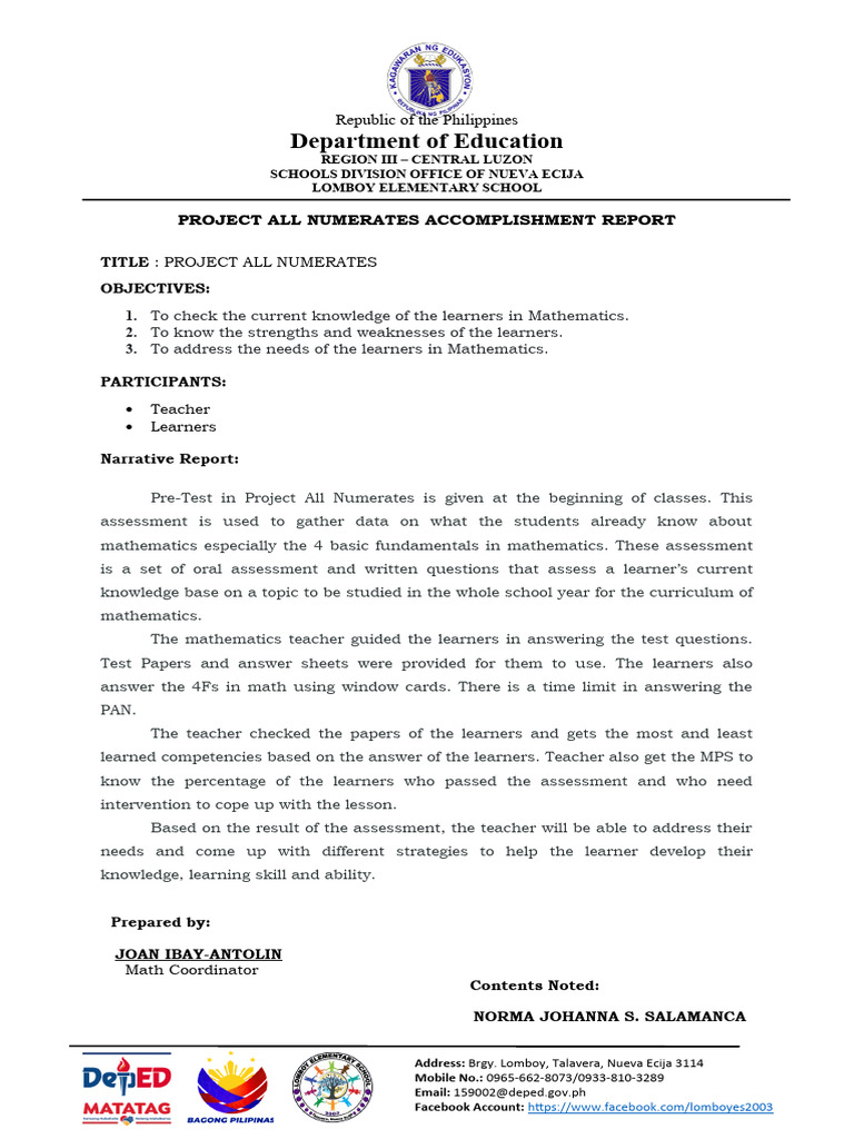 Department of Education: Project All Numerates Accomplishment Report ...