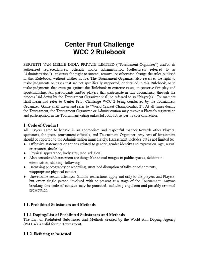 WCC 2 Tournament Rulebook | PDF | Doping In Sport | Gambling