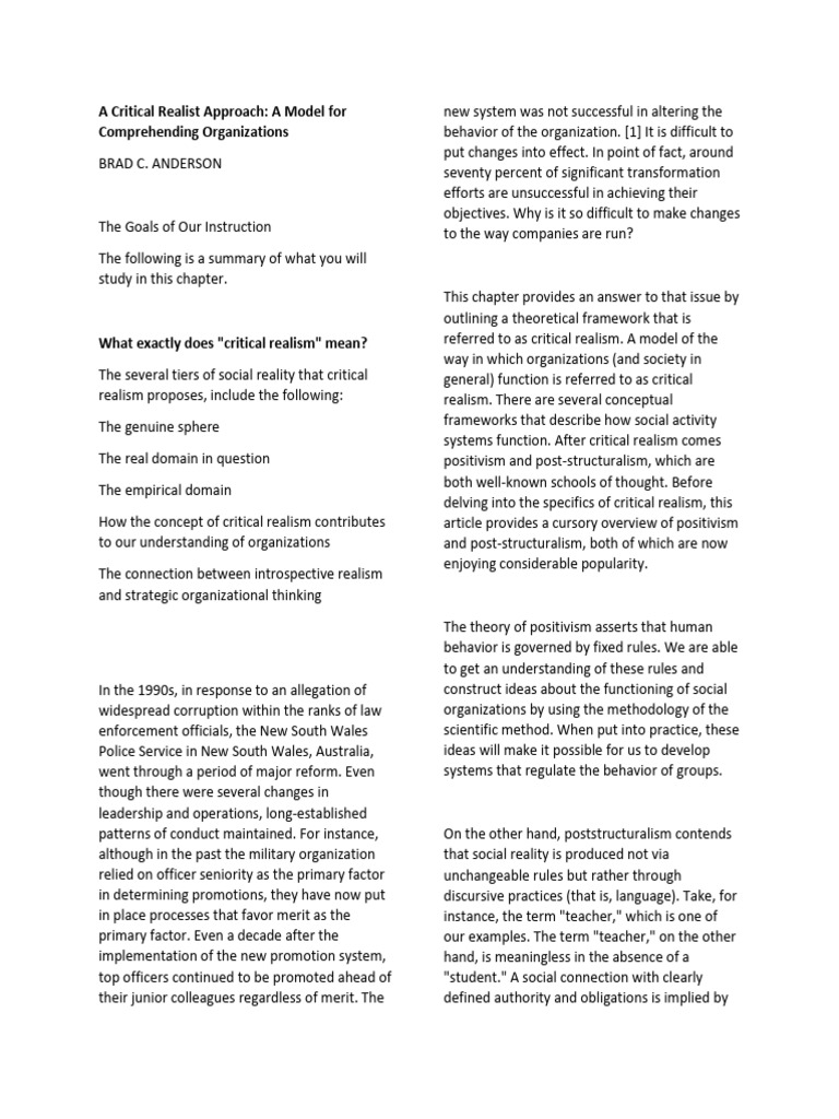 A Critical Realist Approach - A Model For Comprehending Organizations ...