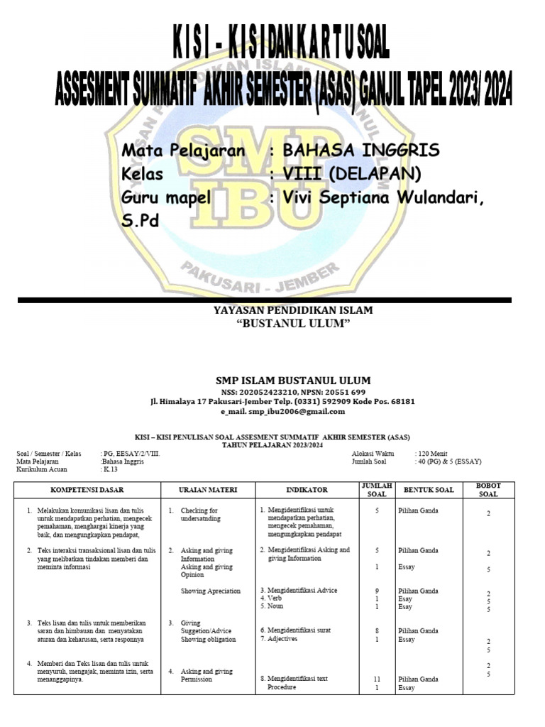 Kisi Kisi Dan Kartu Soal Big 8 Pas 2023 | PDF