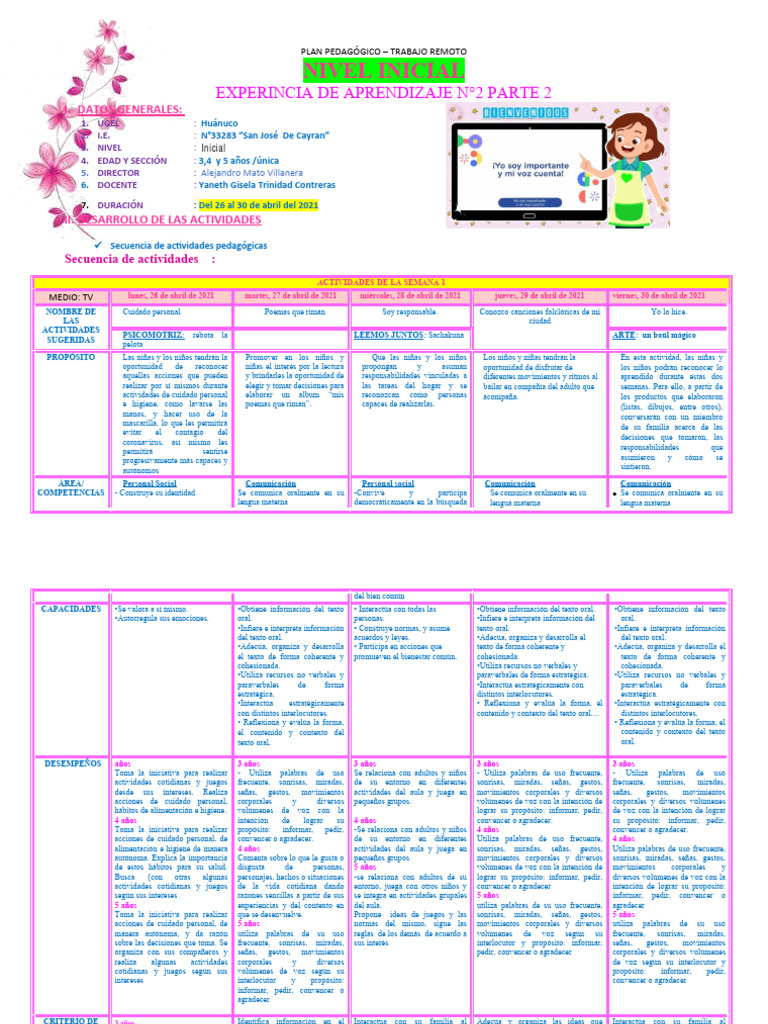 Experiencia de Aprendizaje 2-2-26al 30 | PDF | Higiene | Salón de clases