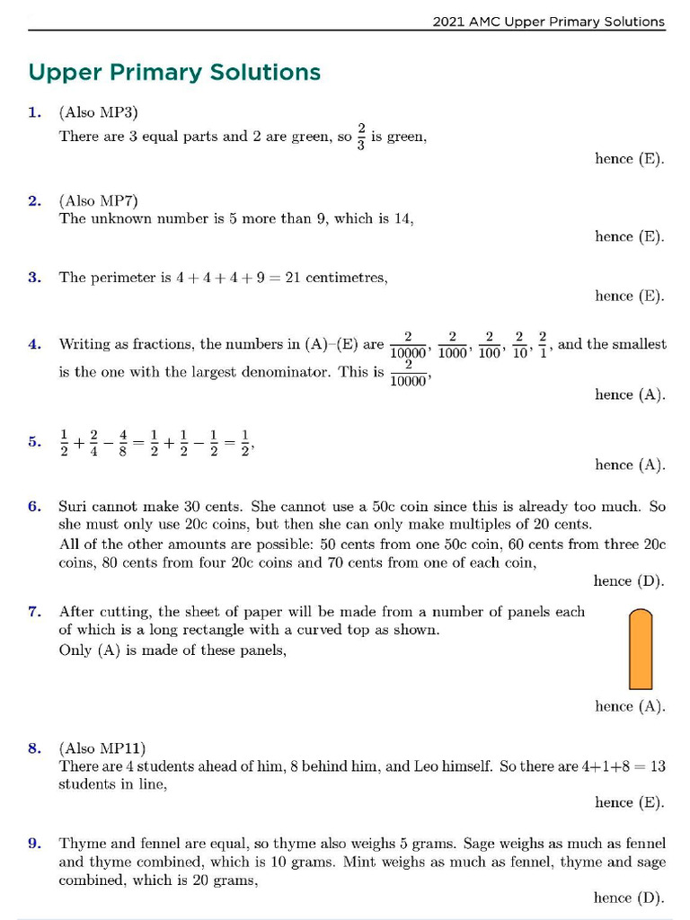2021 Australian Mathematics Competition AMC Upper Primary Years 5 - 6 (Solution) | PDF